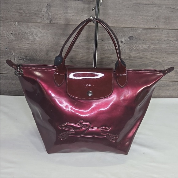 Bags | Longchamp Le Pliage Patent Glossy Tote Metallic Berry Red ...